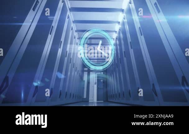 Animating digital clock over server room with blue lighting. Technology ...