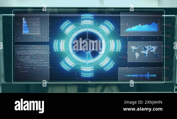 Animation of scope scanning and diagrams over server room. Business ...