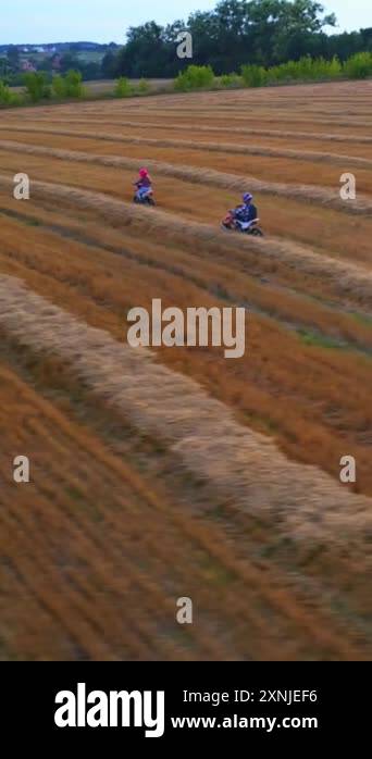 Boy and girl riding motorcycles in the wheat field after harvesting ...