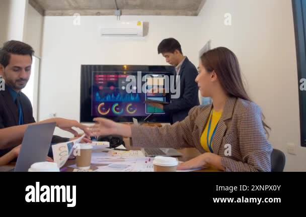 Team of business partner wearing face mask hot discussion and ...