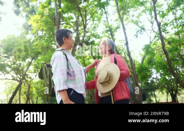 Two happy elderly Asian women hug each other with affection, say ...