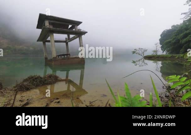 Time lapse nature landscape panorama. River water level falls fast ...
