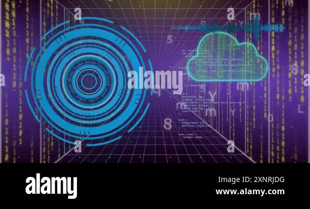 Animation of scope scanning, cloud and data processing over purple ...