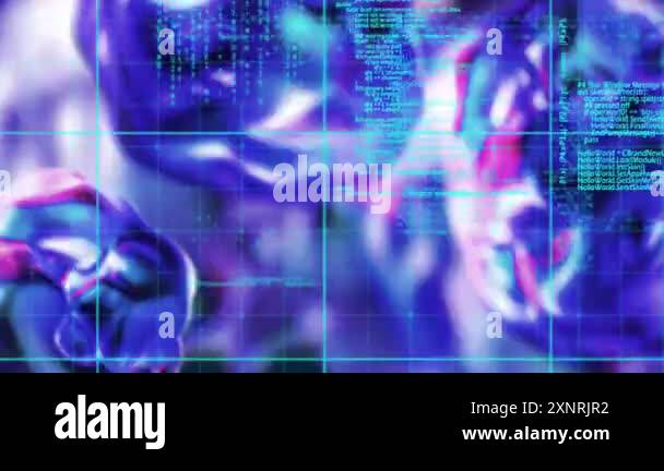 Digital code and data processing animation over abstract blue and purple background. Technology ...