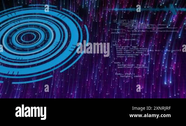 Rotating Blue Patterns And Programming Code Animating Over Digital Grid