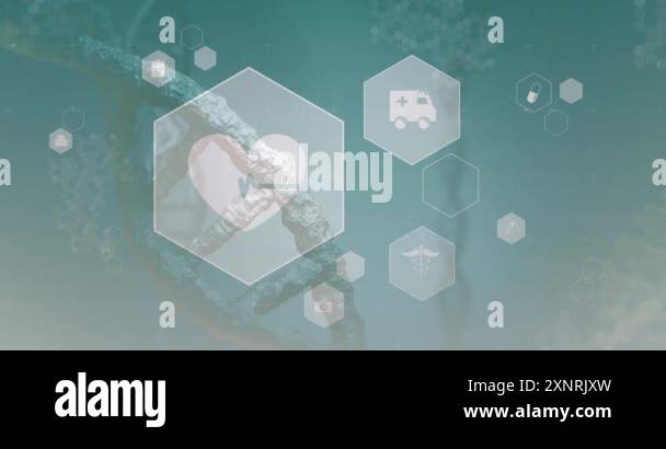 Animated heart and medical icons over DNA strand background. Healthcare ...