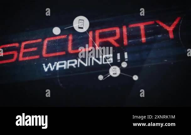 Security warning text animation over network of connected devices and icons. Cybersecurity ...
