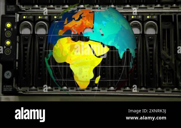 Colorful world map animation over server racks in data center. Technology, networking, servers ...