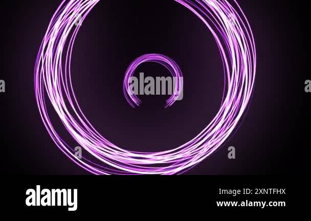 Futuristic 3D animation of glowing rotating circles from particles and moving on camera creating ...