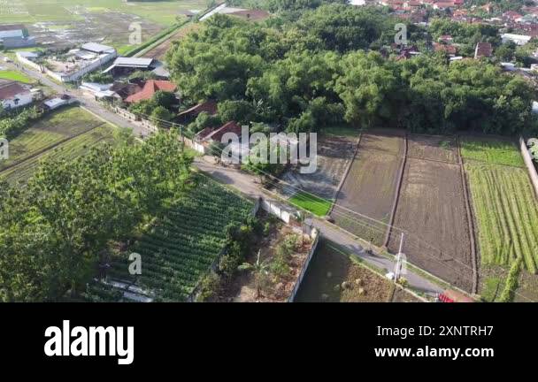 Aerial view of a rural area with agricultural fields, houses, and a ...