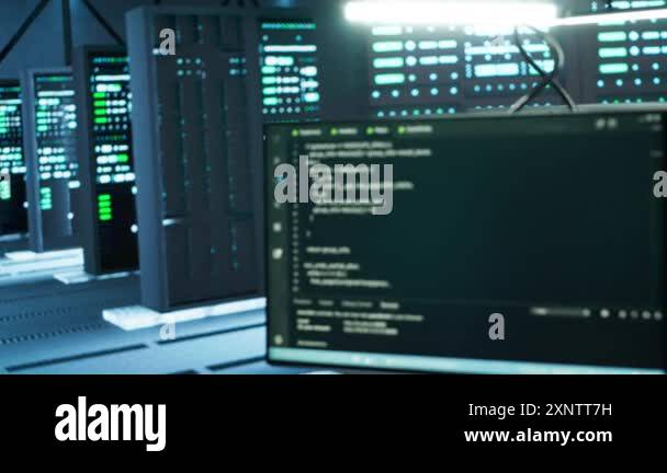 Data center with networking systems installed used for managing hardware rows. Close up on code ...