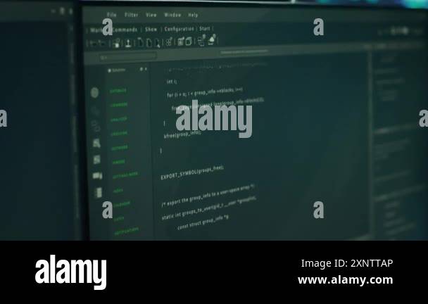 Close Up Of Lines Of Code Running On Computer Display In Modern Data Center Monitoring Security