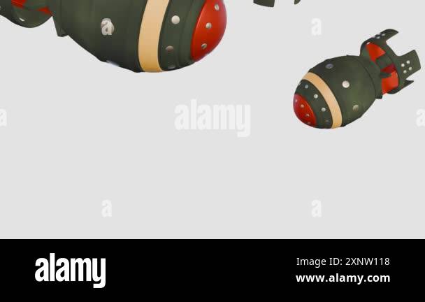 A 3D animation depicting a nuclear weapon falling rapidly in the white ...