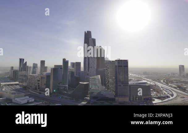 Drone view of KAFD in the morning haze Saudi Arabia Riyadh. A drone ...