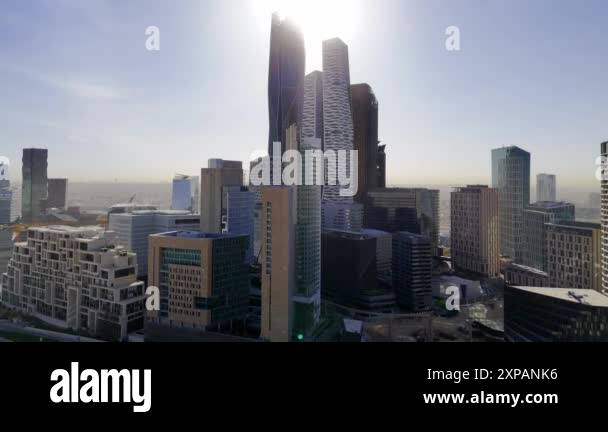 Drone view of KAFD in the morning haze Saudi Arabia Riyadh. A drone ...
