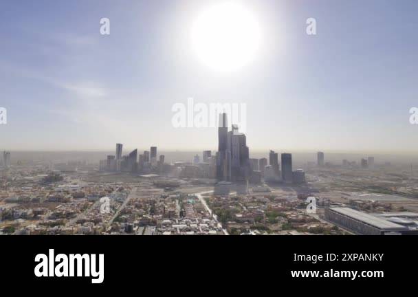 Drone view of KAFD in the morning haze Saudi Arabia Riyadh. A drone ...