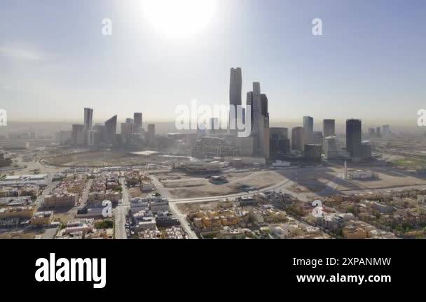 Drone view of KAFD in the morning haze Saudi Arabia Riyadh. A drone ...