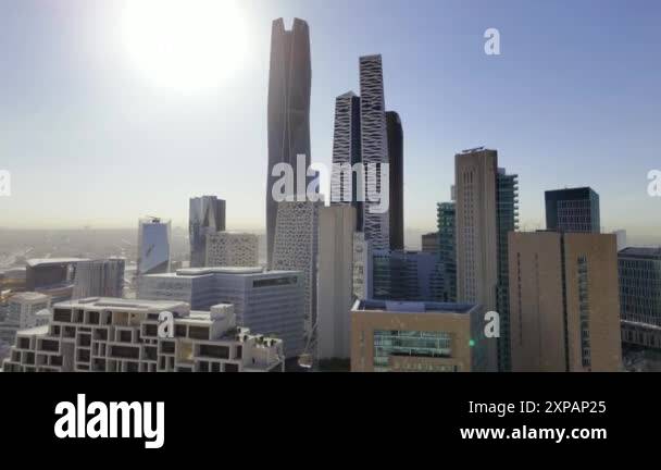 Drone view of KAFD in the morning haze Saudi Arabia Riyadh. A drone ...