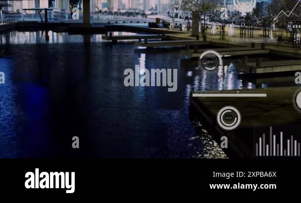 Data visualization animation over city waterfront at night. Technology ...