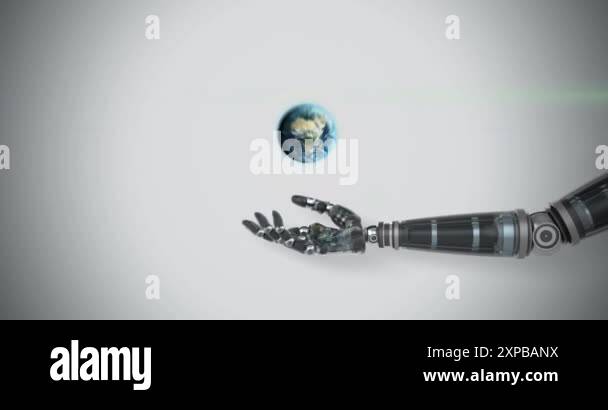 Holding Earth, robotic hand showcasing futuristic technology animation ...