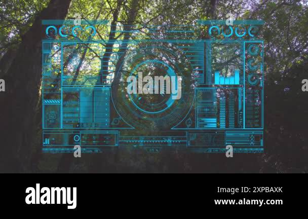 Animating futuristic data interface over forest background. Technology ...