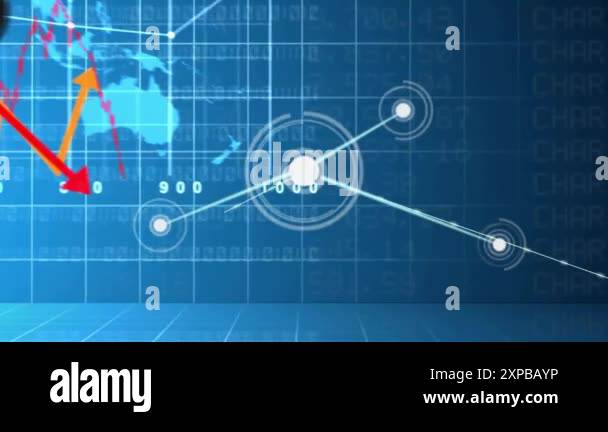 CRISIS text animation over financial data and world map with declining graph. Economy, decline ...