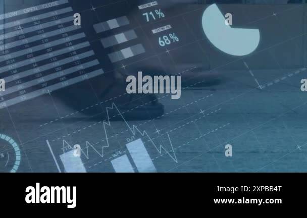 Financial charts and world map animation over business meeting ...