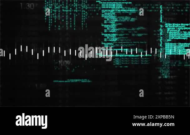 Digital code and data processing animation over black background with ...