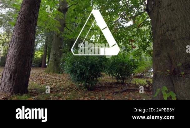 Triangle with number 100 animation over forest landscape with trees and ...