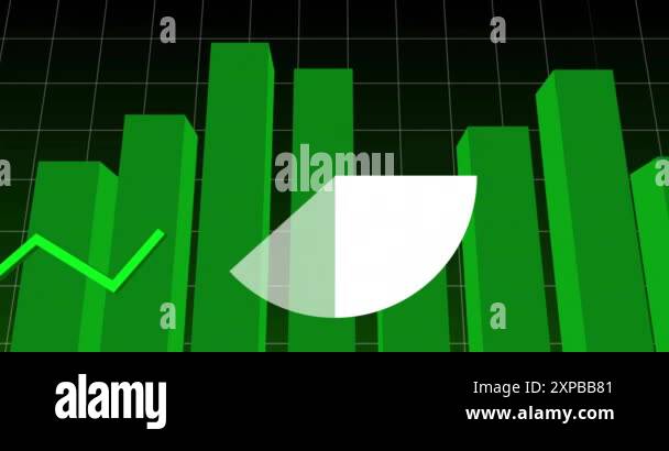 Green bar chart and line graph with pie chart animation overlay. Data ...