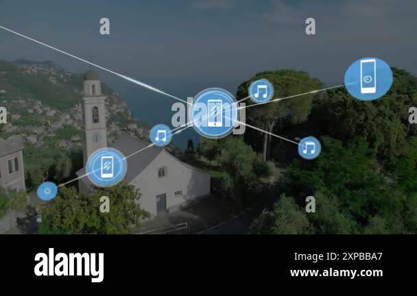 Network Of Connected Devices And Music Icons Animation Over Coastal Landscape Technology
