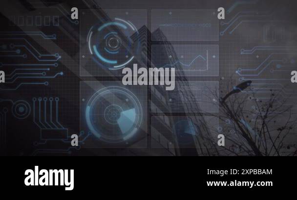 Digital interface with graphs and radar animation over skyscraper background. Technology, data ...