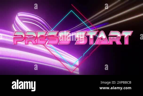 Animation of press start text over neon pattern background. Global ...