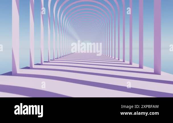 3D render of slow fly camera through tall half rounded light pink arch ...