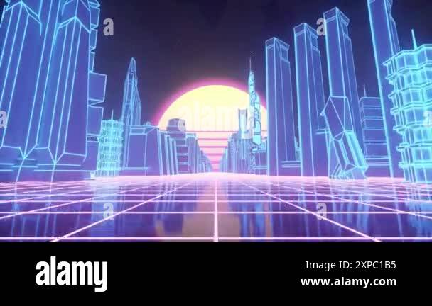 Retro futuristic 80s style with neon city backgrounds. Seamless loop of cyberpunk cityscape with ...