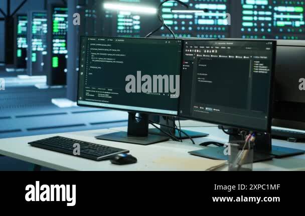 Data center workplace with networking systems installed used for managing rigs. Computer ...