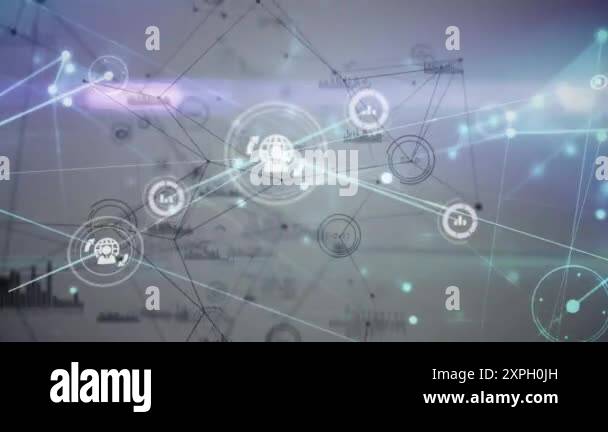Network connections and data processing animation over technical diagrams and charts. Technology ...