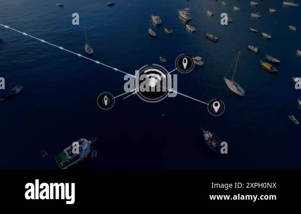 Network connectivity and location icons animation over boats in harbor ...
