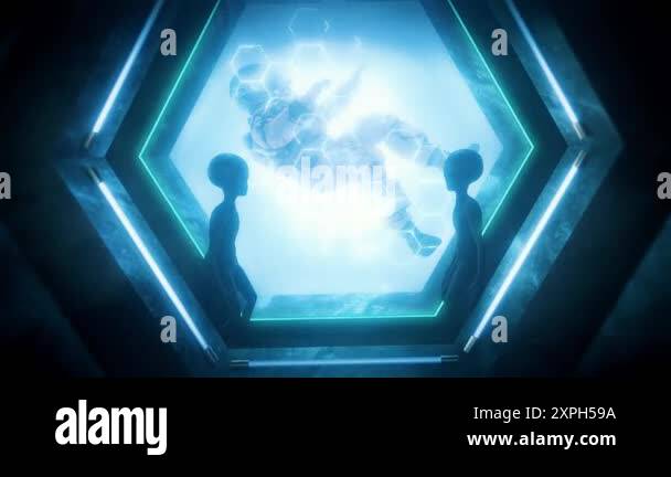 A dark Sci Fi interior with two grey aliens watching a trapped ...