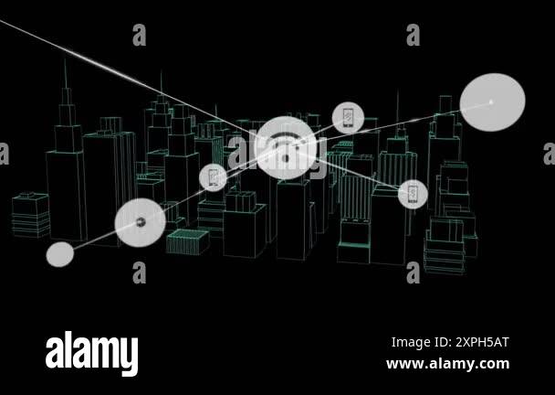 Network connectivity and smart city technology animation over cityscape ...