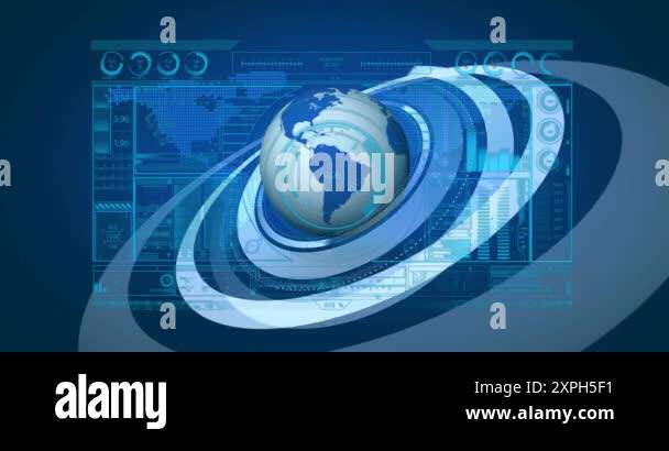 Rotating globe and data charts, futuristic technology interface animation. innovation, analytics ...