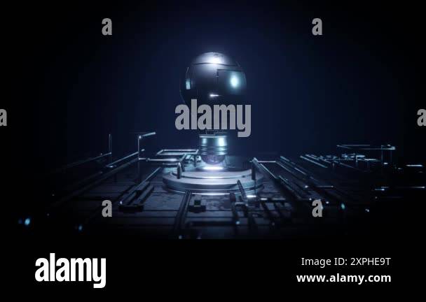 Sci-fi scene of metal light bulb with running light floating over the ...