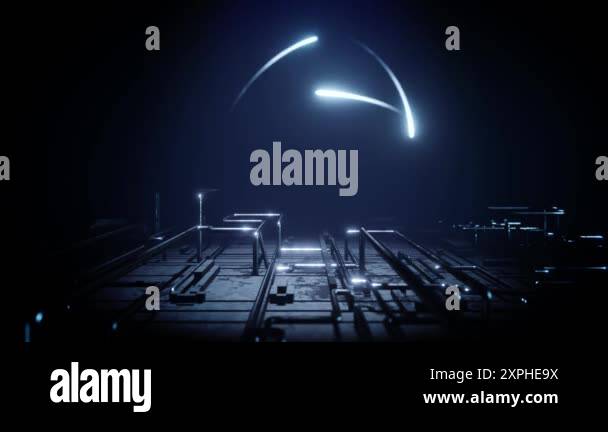 Sci-fi scene of running light floating over the steel structure, futuristic concept, loop ...