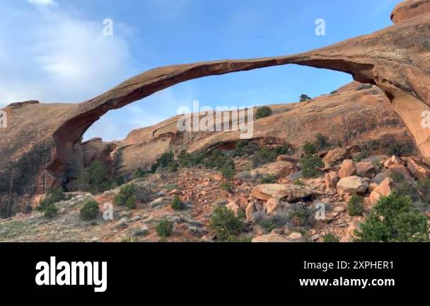 Static shot of the Landscape Arch, one of the longest natural stone ...