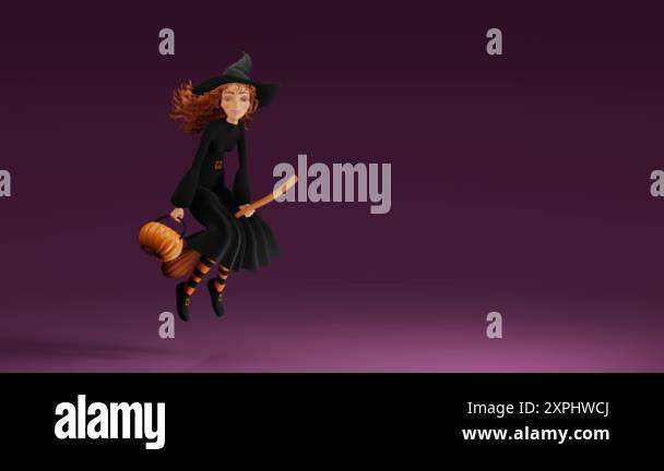 Seamless looping animation of cartoon Halloween witch flying on broom ...