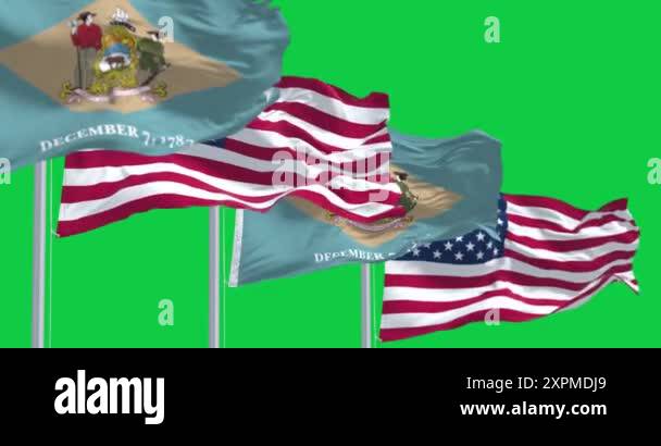 Delaware state flag waving with the US flag isolated on green ...
