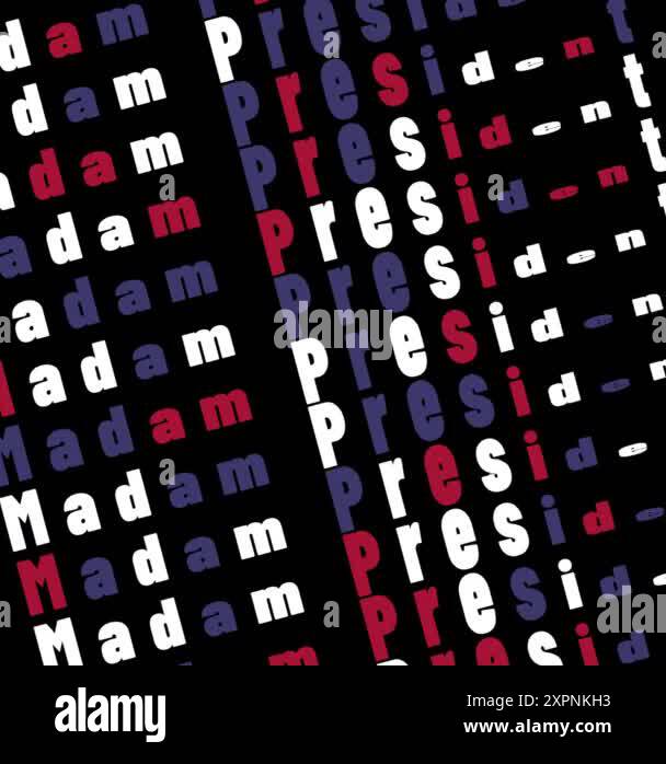 Animated "Madam President" text in red, white and blue on a pure black ...
