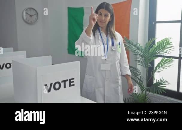 A young hispanic female doctor in an electoral college room in ireland ...