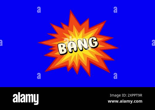 video animation onomatopoeia explosion with bang text, on a blue chroma ...