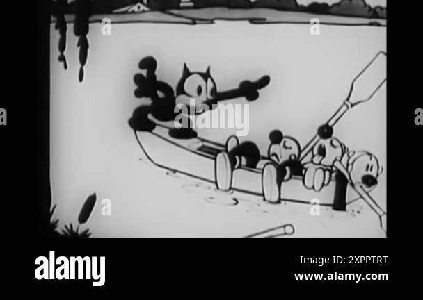 USA. 1930. Vintage animated film, Felix the Cat uses his tail as bait ...